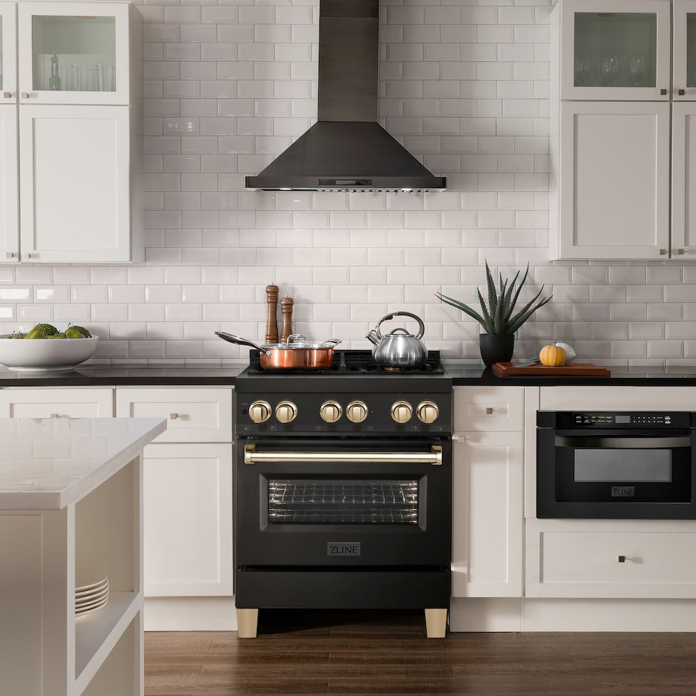 ZLINE Autograph Edition 30" Black Stainless Range and Hood with Gold ...